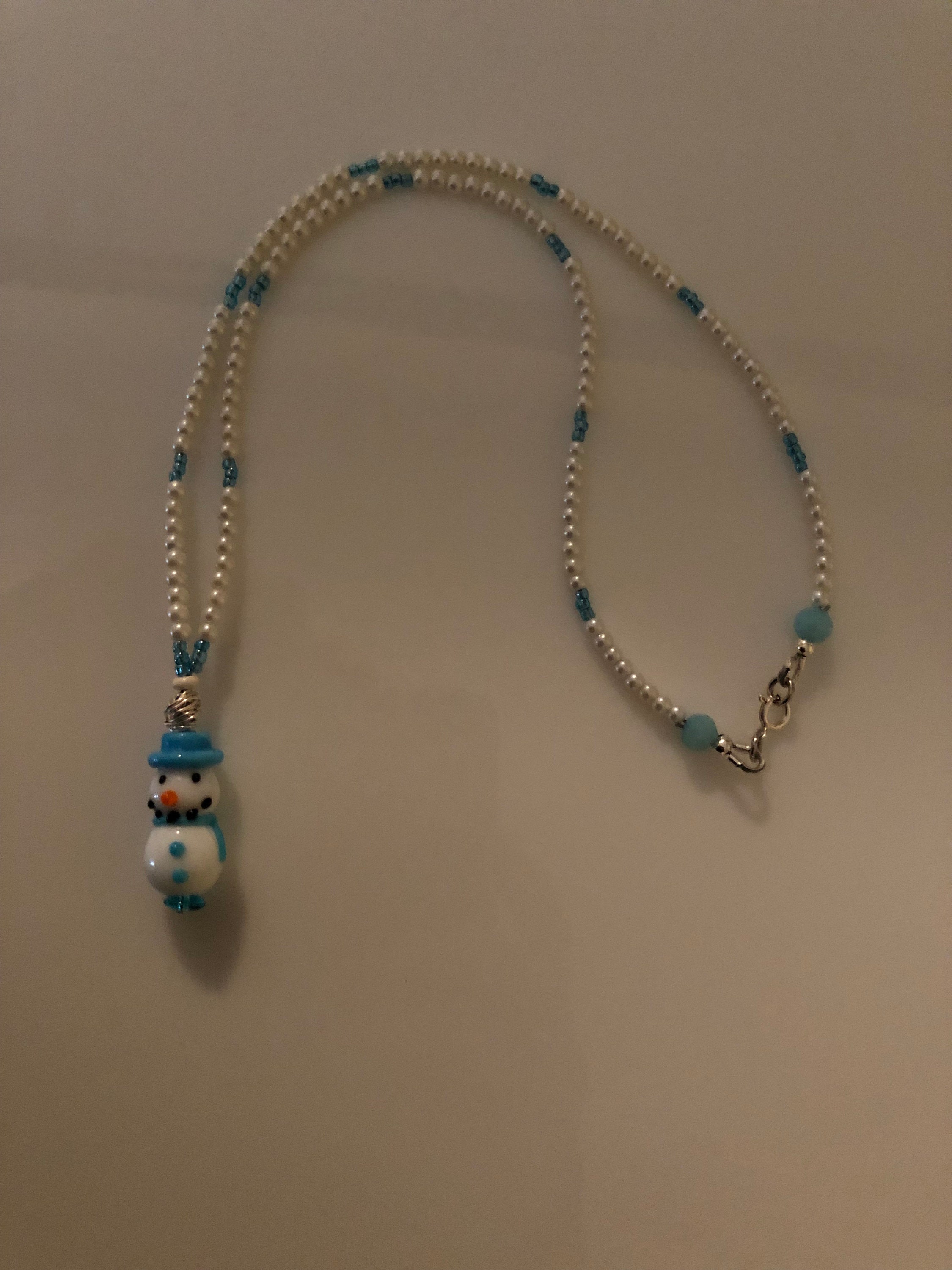Necklace, Girls Christmas Necklace/glass Pearls/blue White Snowman With ...
