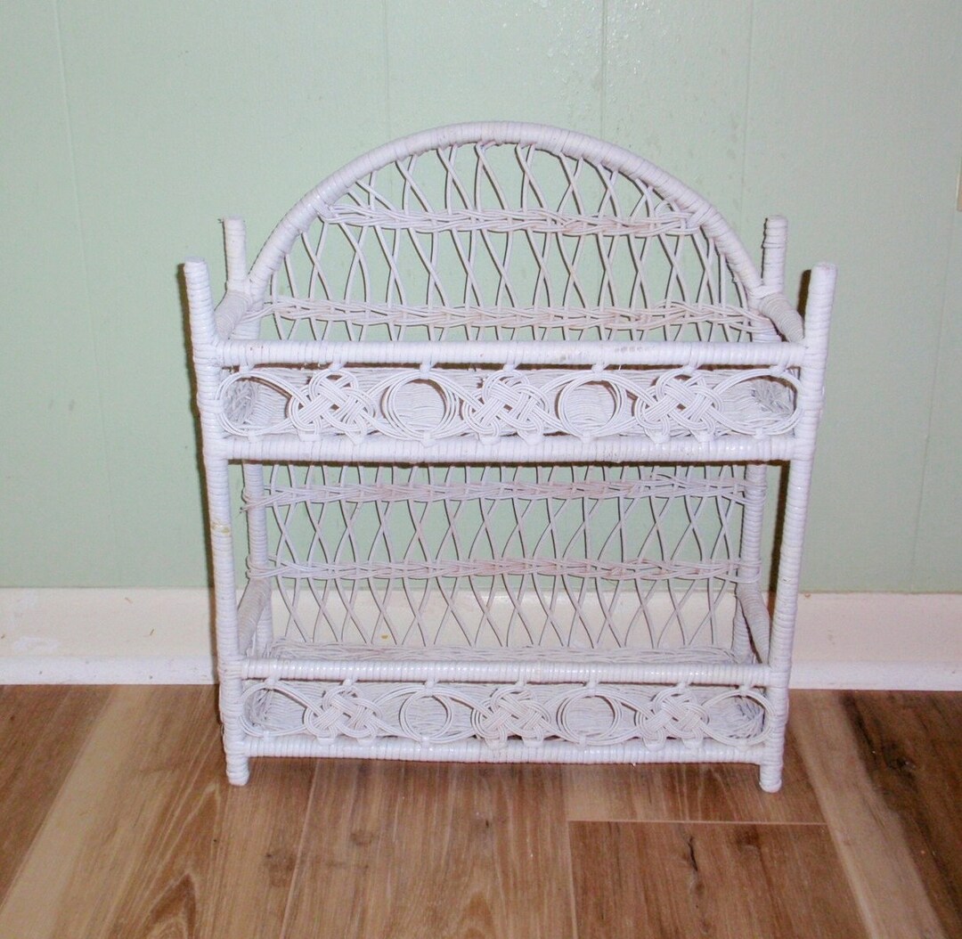 Vintage Wicker White Wall Shelf With Two Tiers 15" Wide X 17" Tall Also ...