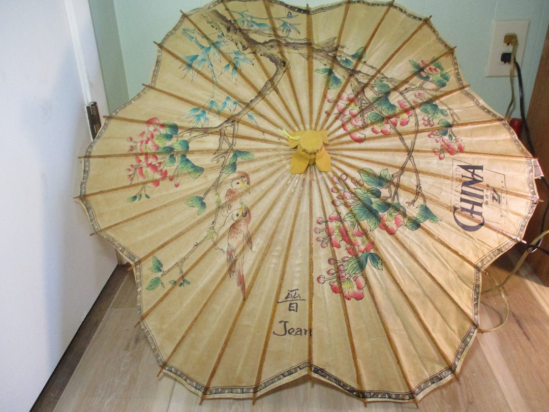 Vintage Chinese Parasol With Flowers and Trees Parchment and - Etsy
