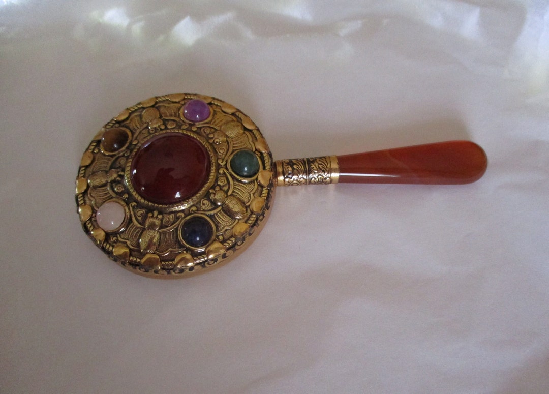 Vintage Small Brass Hand Mirror With Pretty Stones 4.25 Long - Etsy