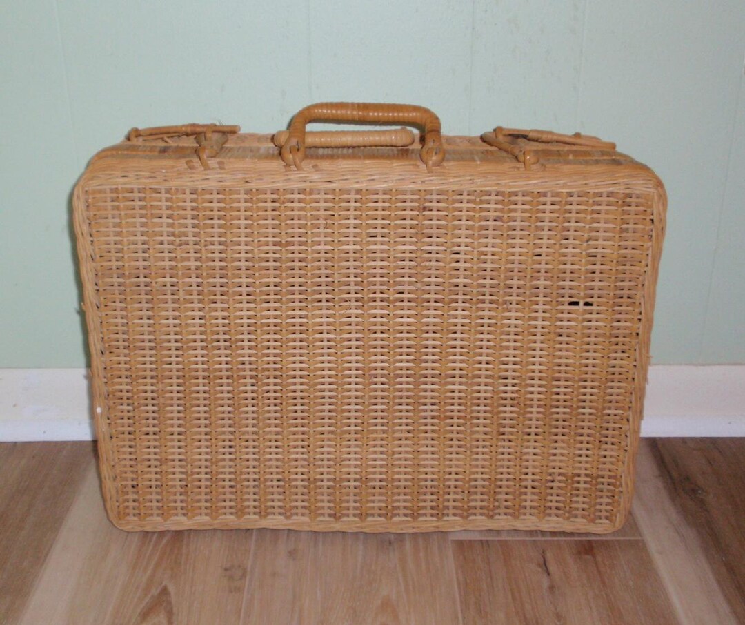 Vintage Woven Wicker Large Suitcase Shaped Picnic Basket Cottage Core ...