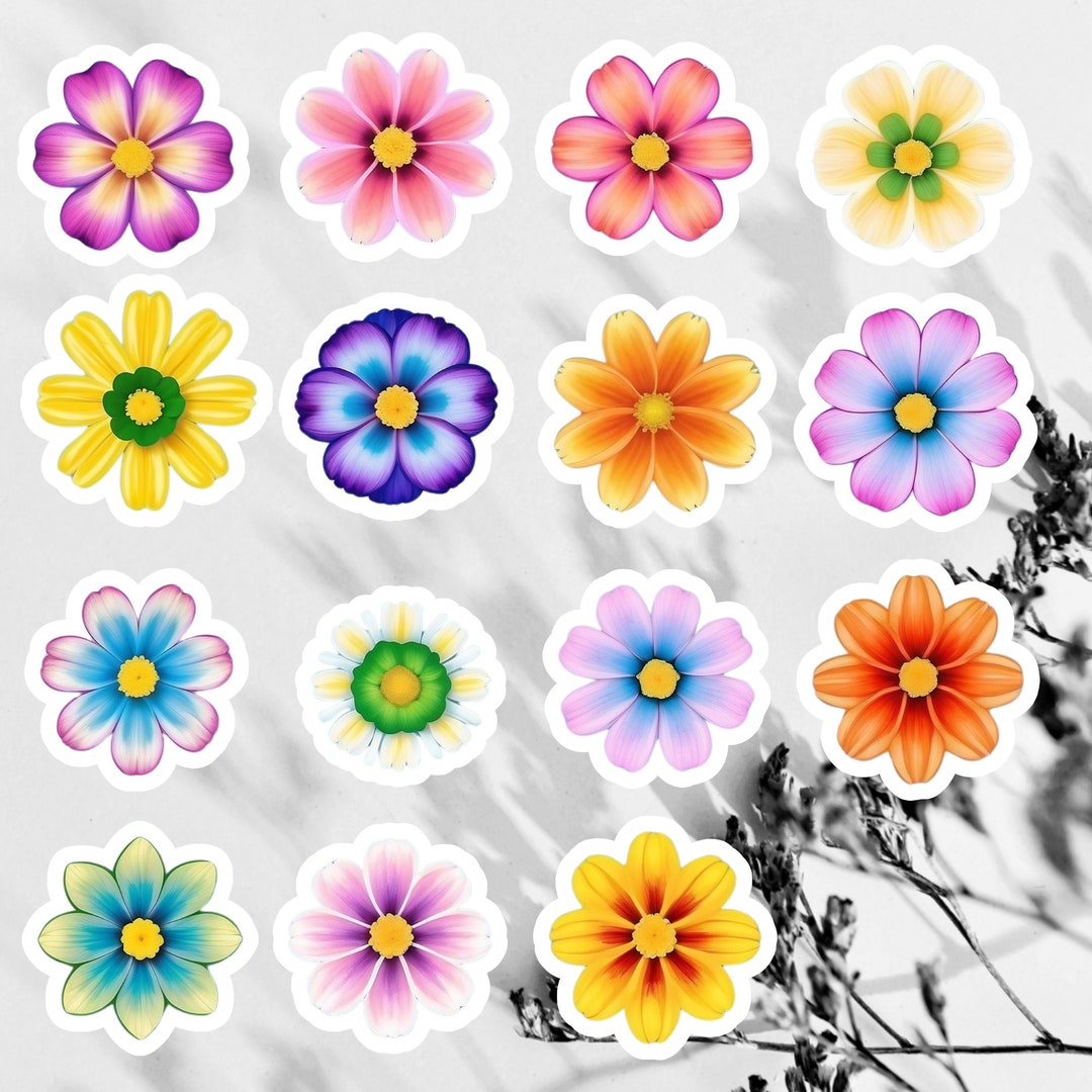 Mini Flower Sticker Pack - 15 Cute Die-cut Flowers in Vibrant Colors ...