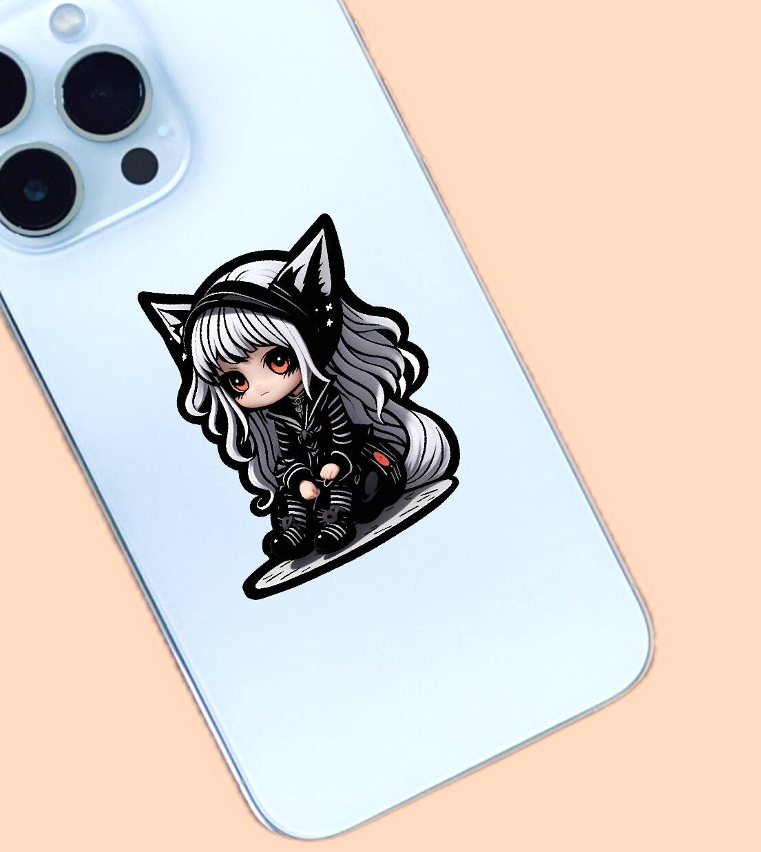 Kawaii Cat Girl Die-cut Sticker – Black and White Stripes, Anime Style ...