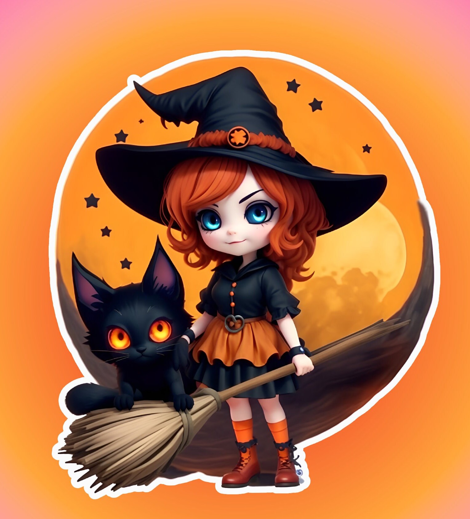 Kawaii Chibi Witch With Orange Hair and Black Cat Black Cat, Cute Decal ...