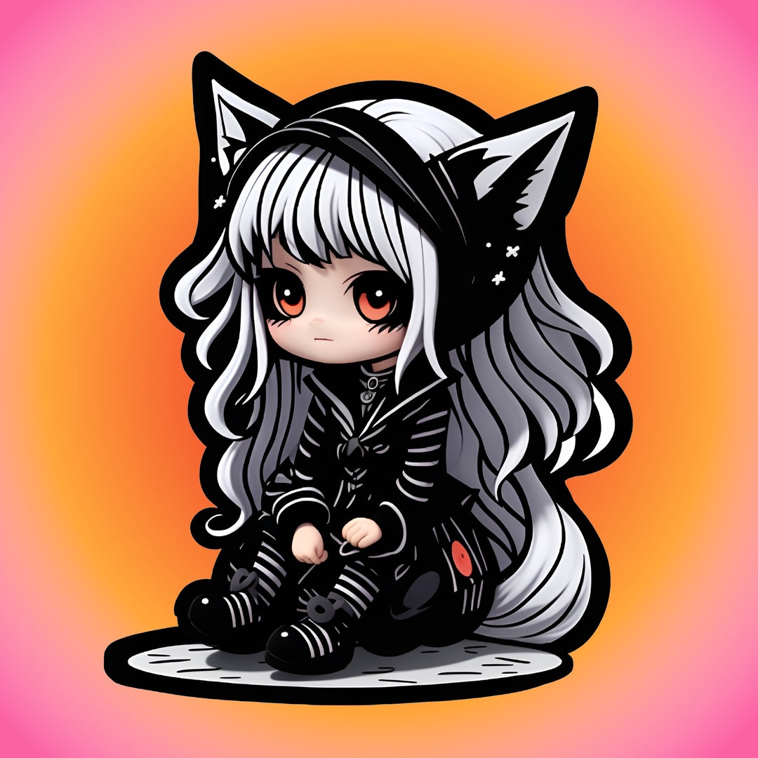 Kawaii Cat Girl Die-cut Sticker – Black and White Stripes, Anime Style ...