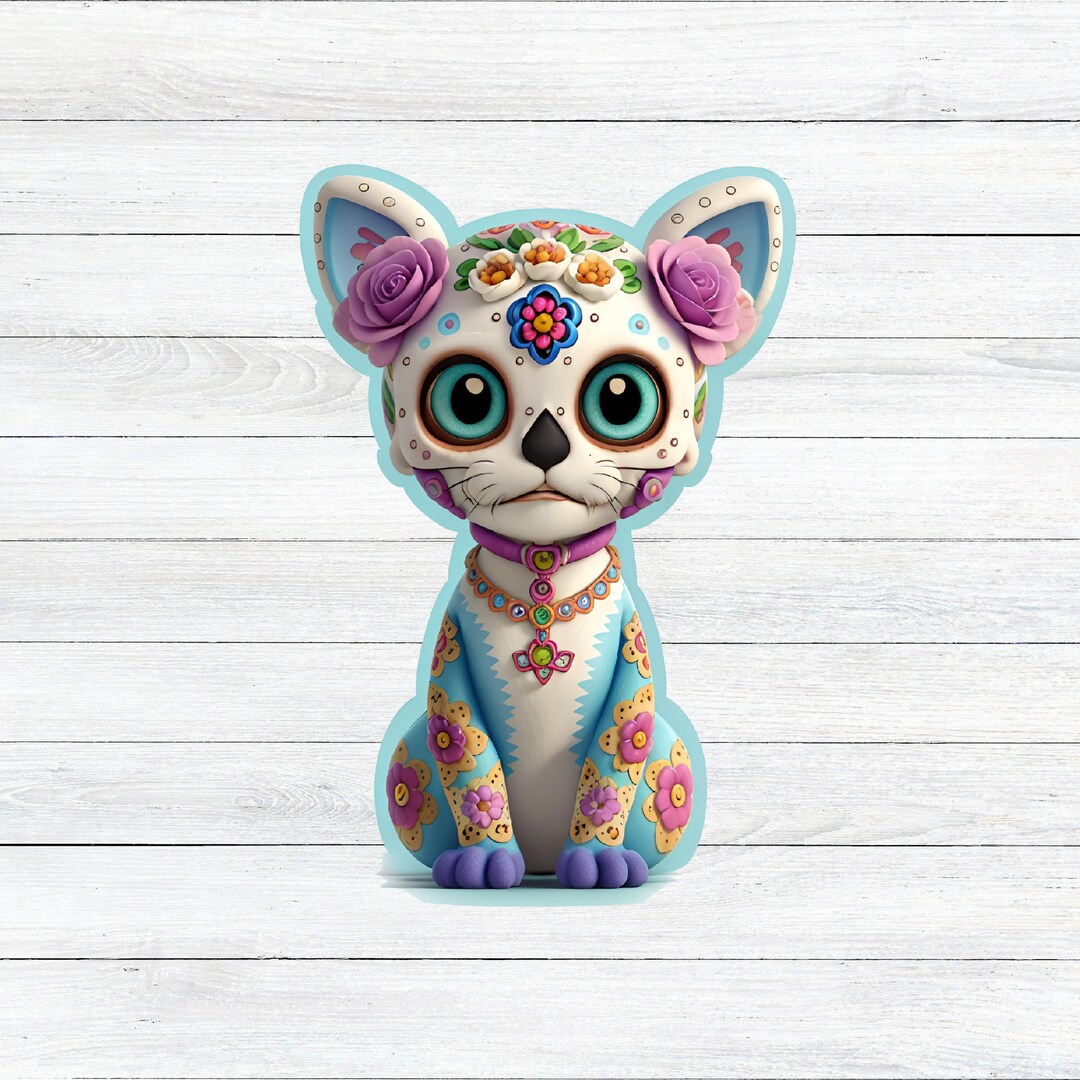 Colorful Sugar Skull Kitten/cat Sticker Day of the Dead Inspired ...