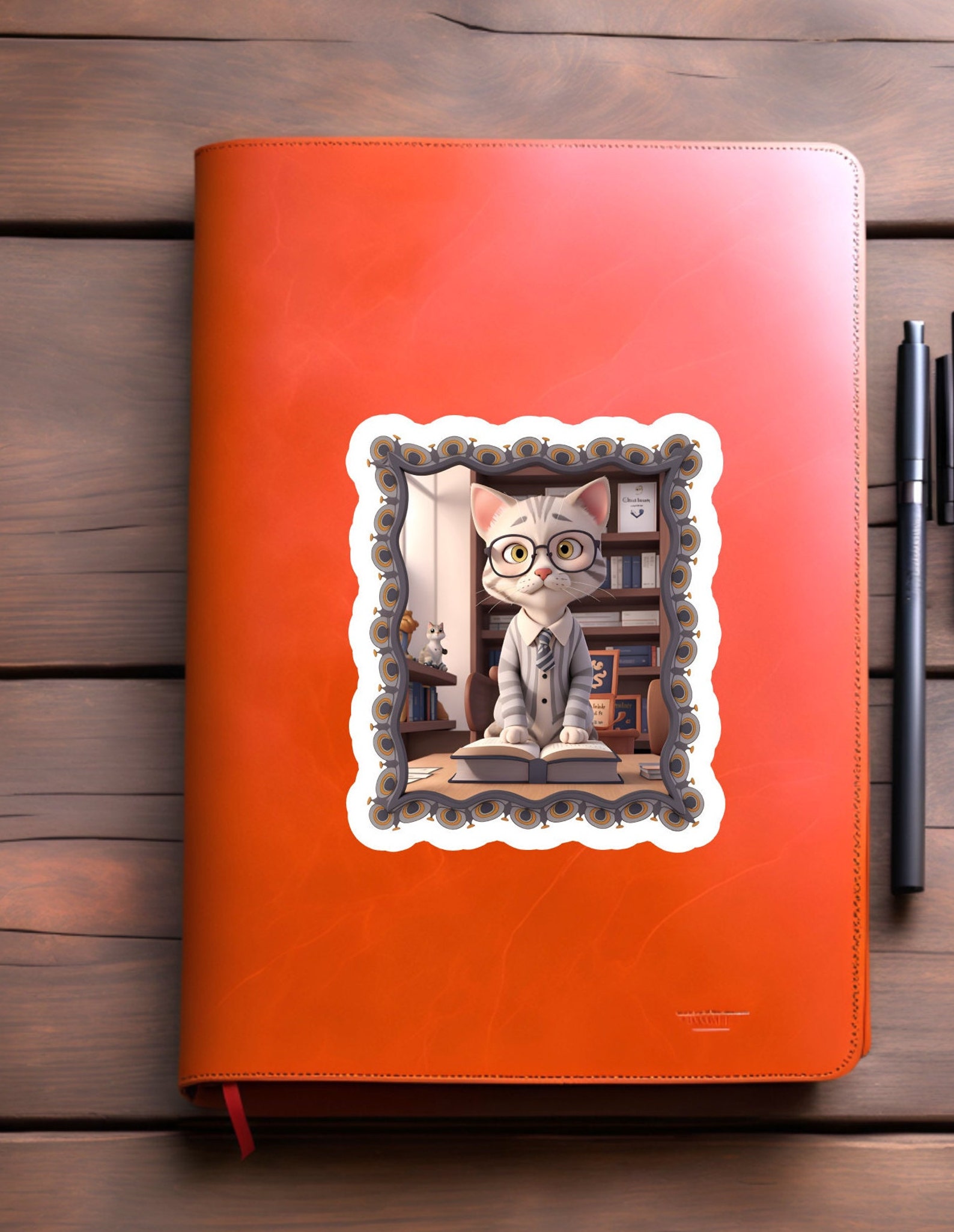 Smarty Cat Tales: Tabby Cat Reading Book Sticker With Bookshelf Wall ...