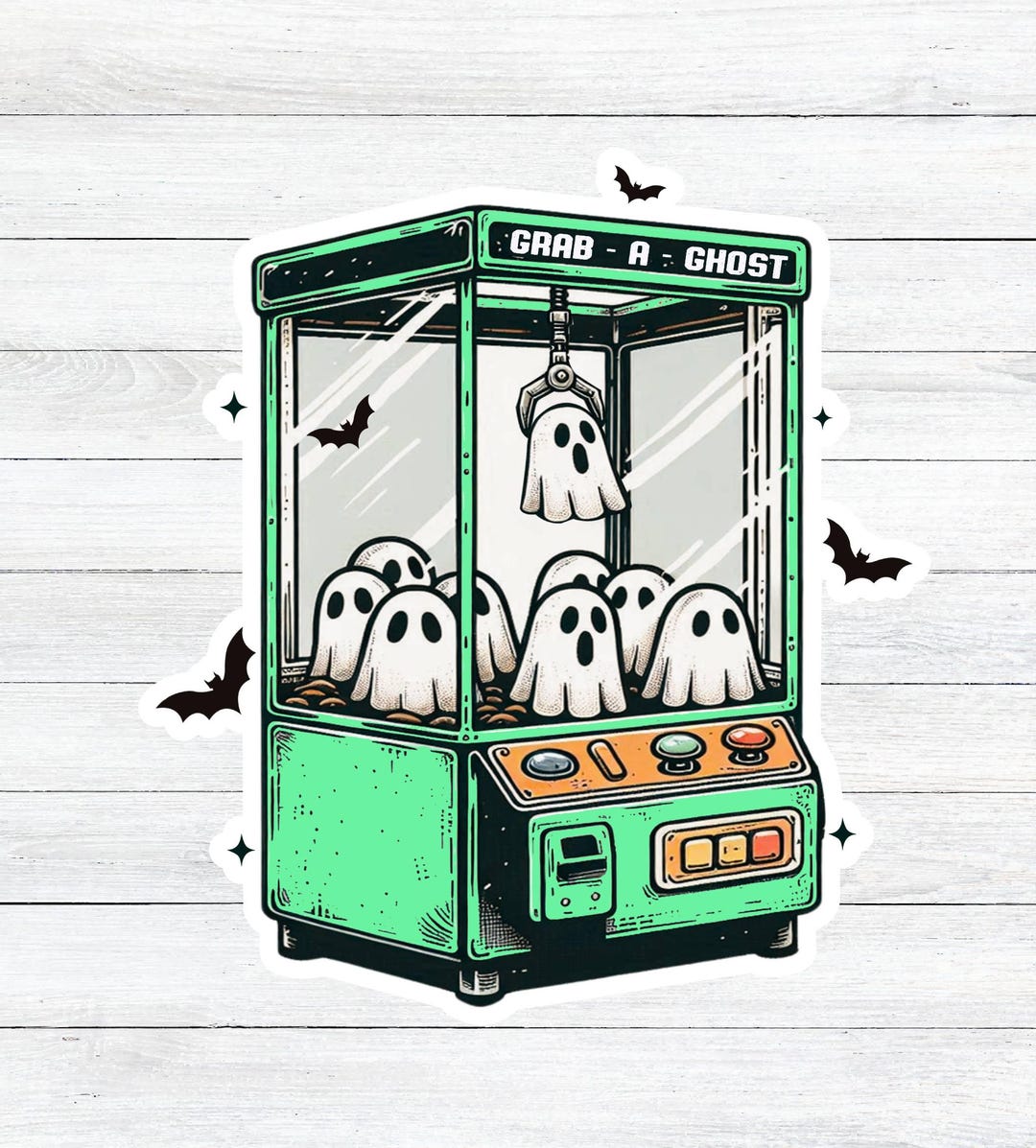 Grab a Ghost Die-cut Sticker - Kawaii Vintage Claw Machine With Ghost's ...