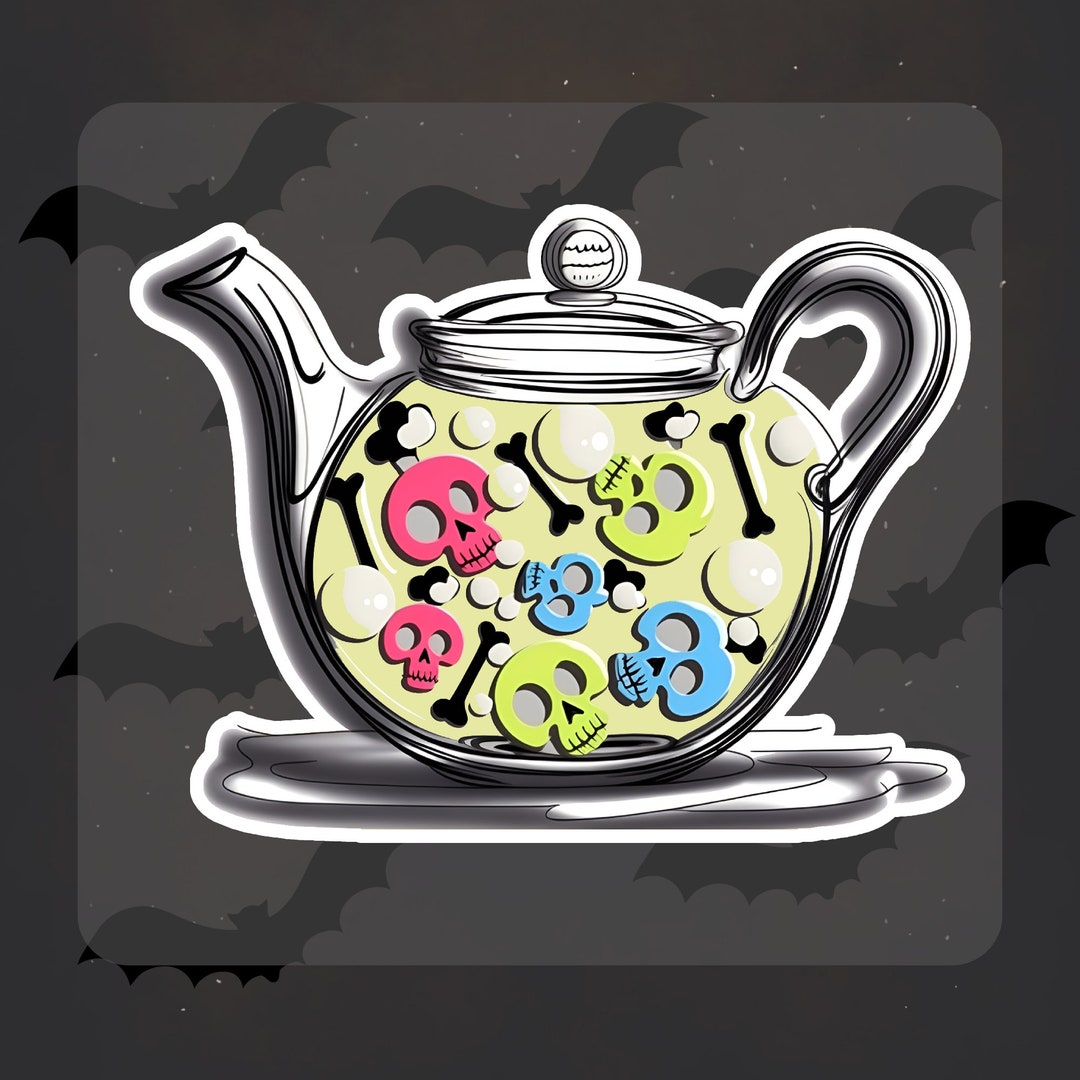 Kawaii See-through Teapot Sticker With Cute Skulls and Black Hearts ...