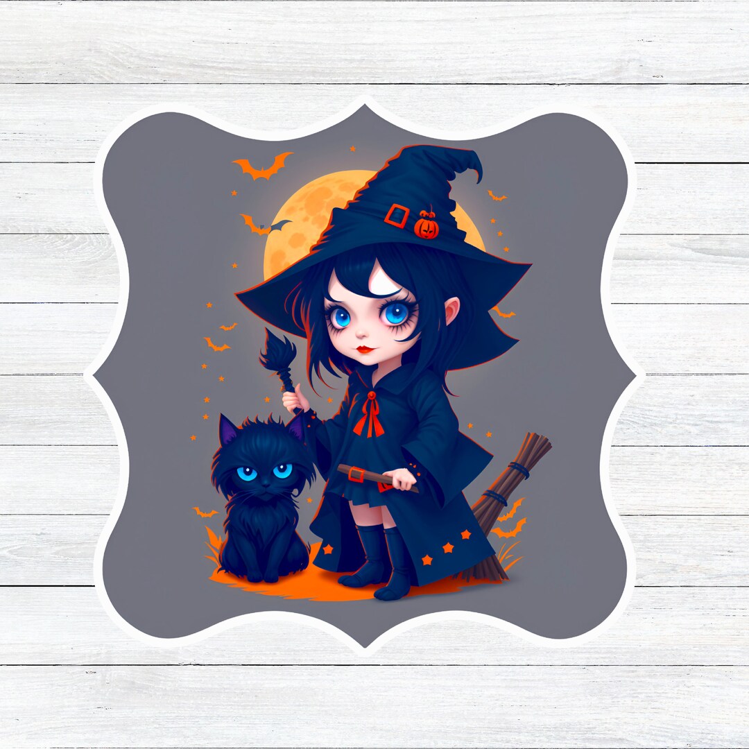 Blue Eyed Witch With Black Cat Sticker- Magical Design, Witchcraft ...