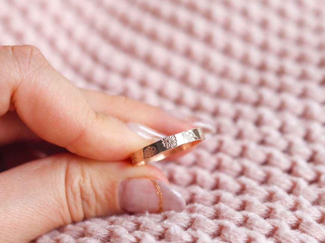 Tiny Birth Flower Band • Gold Filled Ring • Birth Flower Ring • Family ...