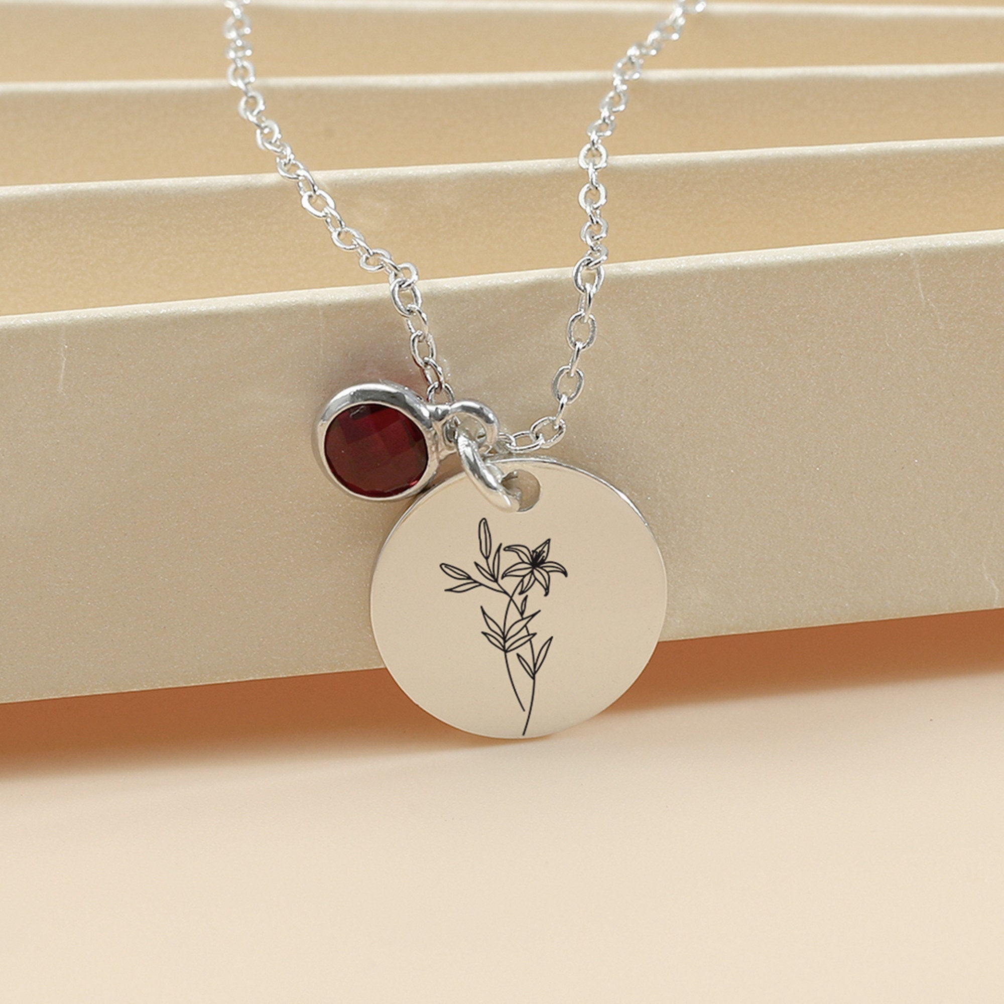 Custom Engraved Birth Flower Necklace Personalized Birthstone - Etsy