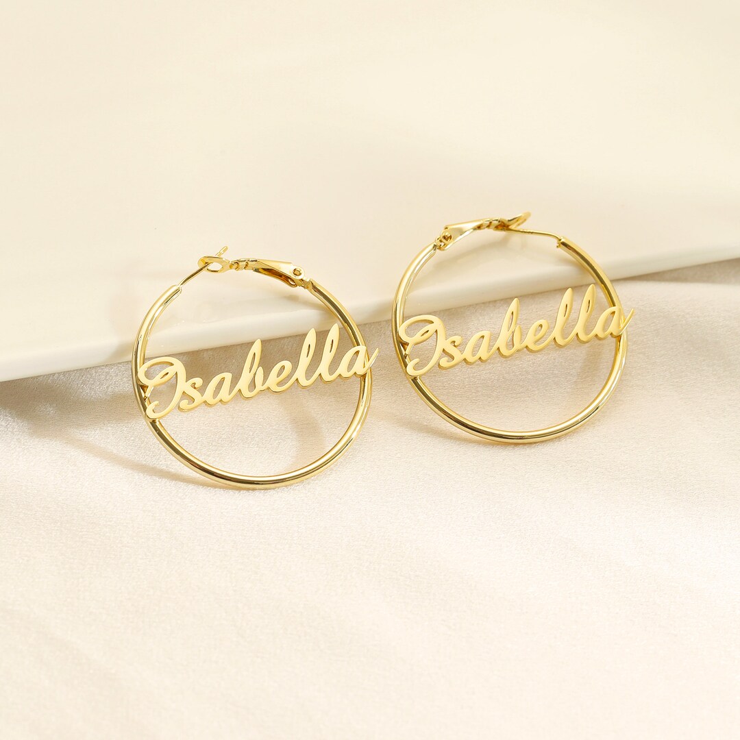 Personalized Hoops Name Earrings, Custom Round Gold Earrings, Big Hoops ...