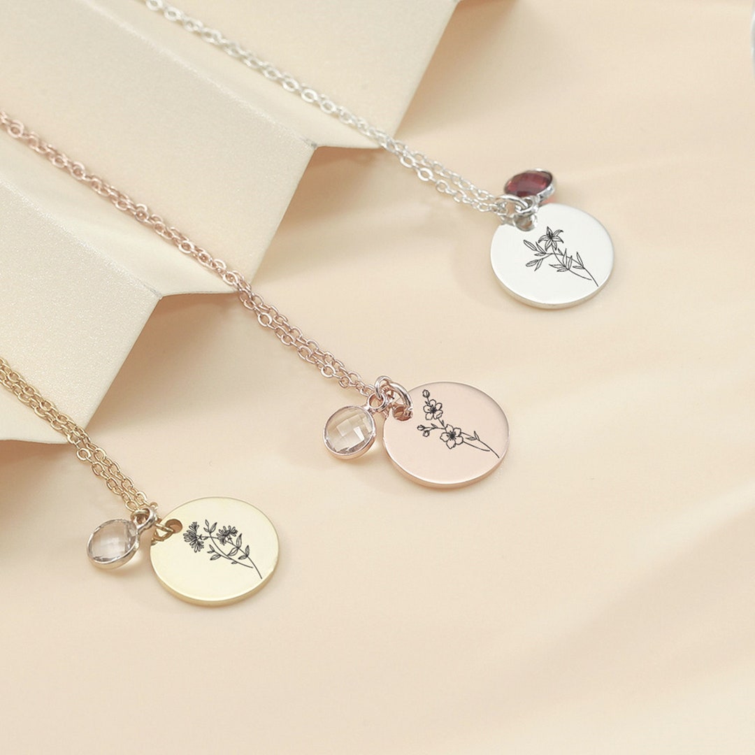 Custom Engraved Birth Flower Necklace Personalized Birthstone - Etsy