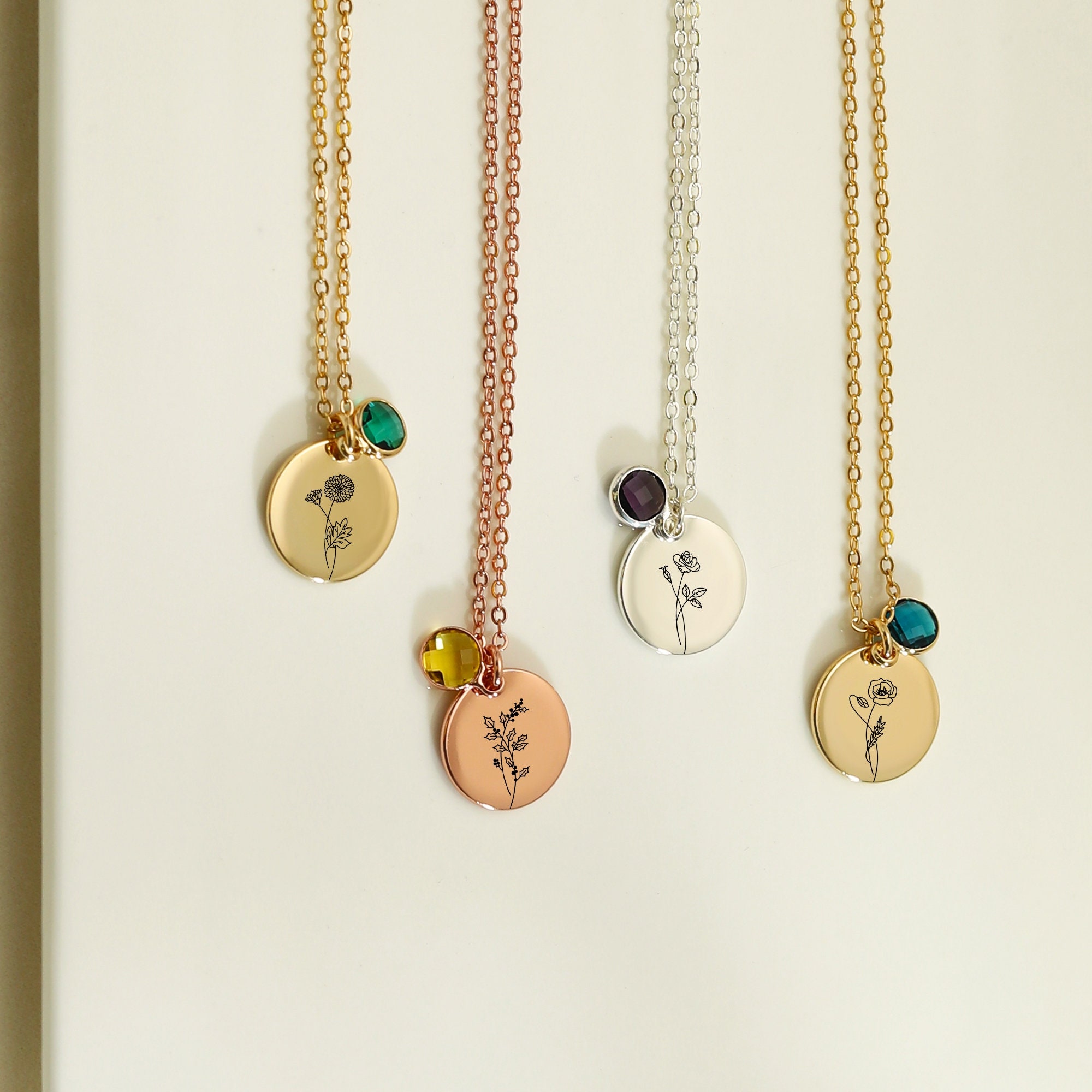 Custom Birth Flower Necklace With Birthstonedainty Floral - Etsy