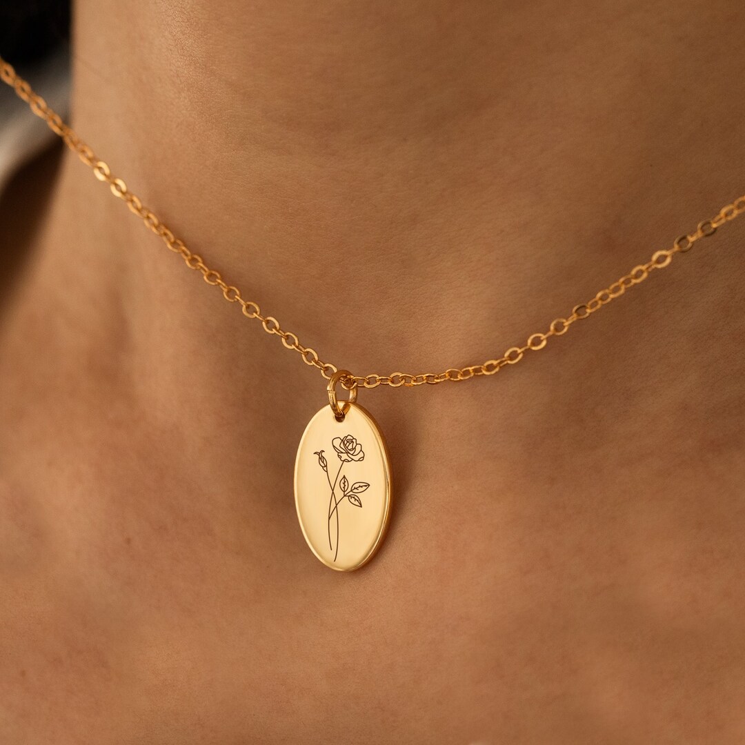Oval Engraved Birth Flower Necklace, Custom 18K Gold Floral Necklace ...