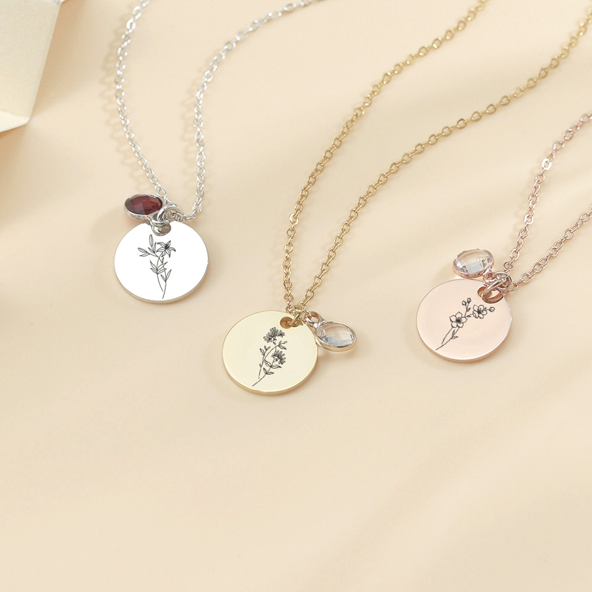 Custom Engraved Birth Flower Necklace Personalized Birthstone - Etsy