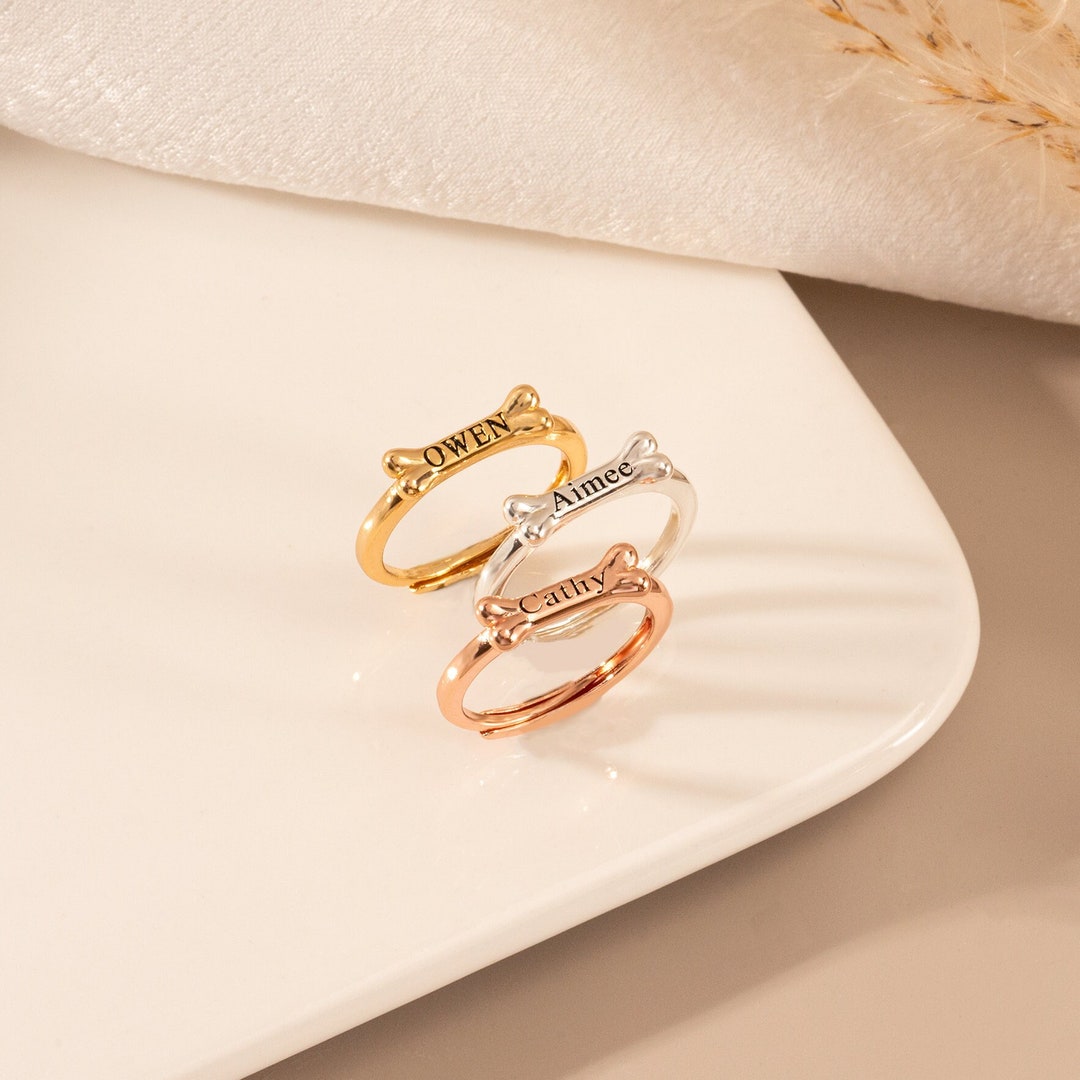 Personalized Pet Name Ring, Silver Dog Bone Ring, Custom Dog Memorial ...