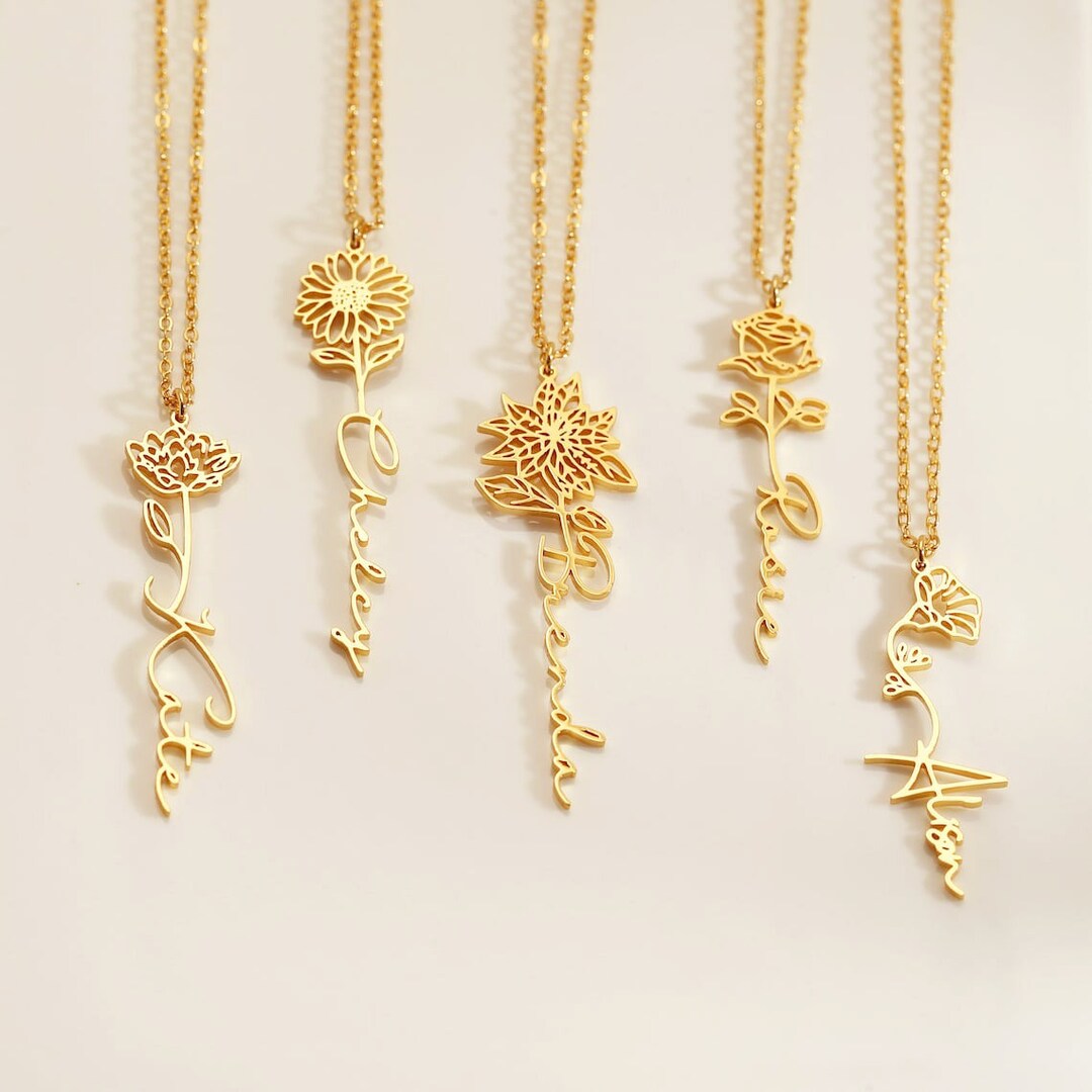 Personalized Birth Flower Name Necklace, Custom Gold Rose Name Necklace ...