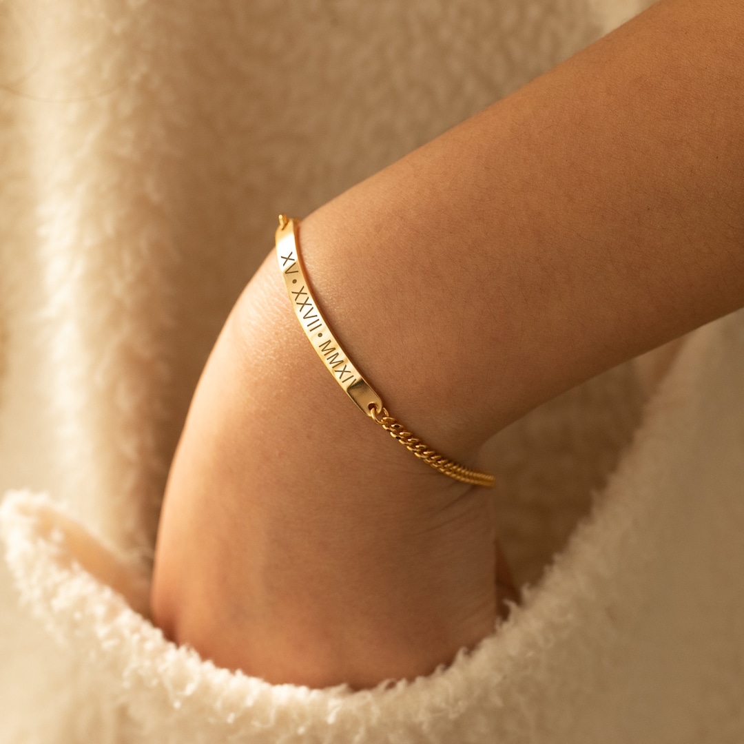 Custom Bar Bracelet With Cuban Chain, Engrave Name Date Number ...