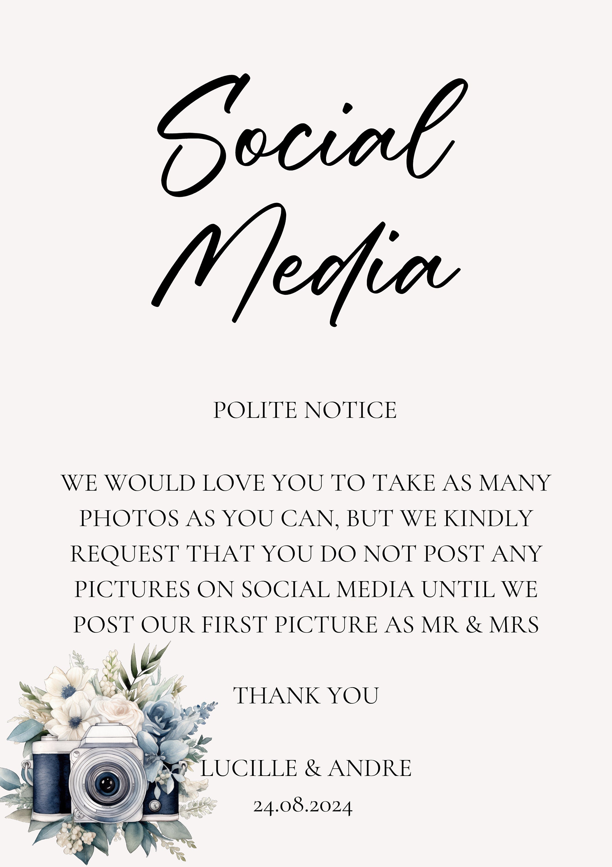 Social Media Wedding Sign No Camera Sign Please Respect Our Wishes No ...
