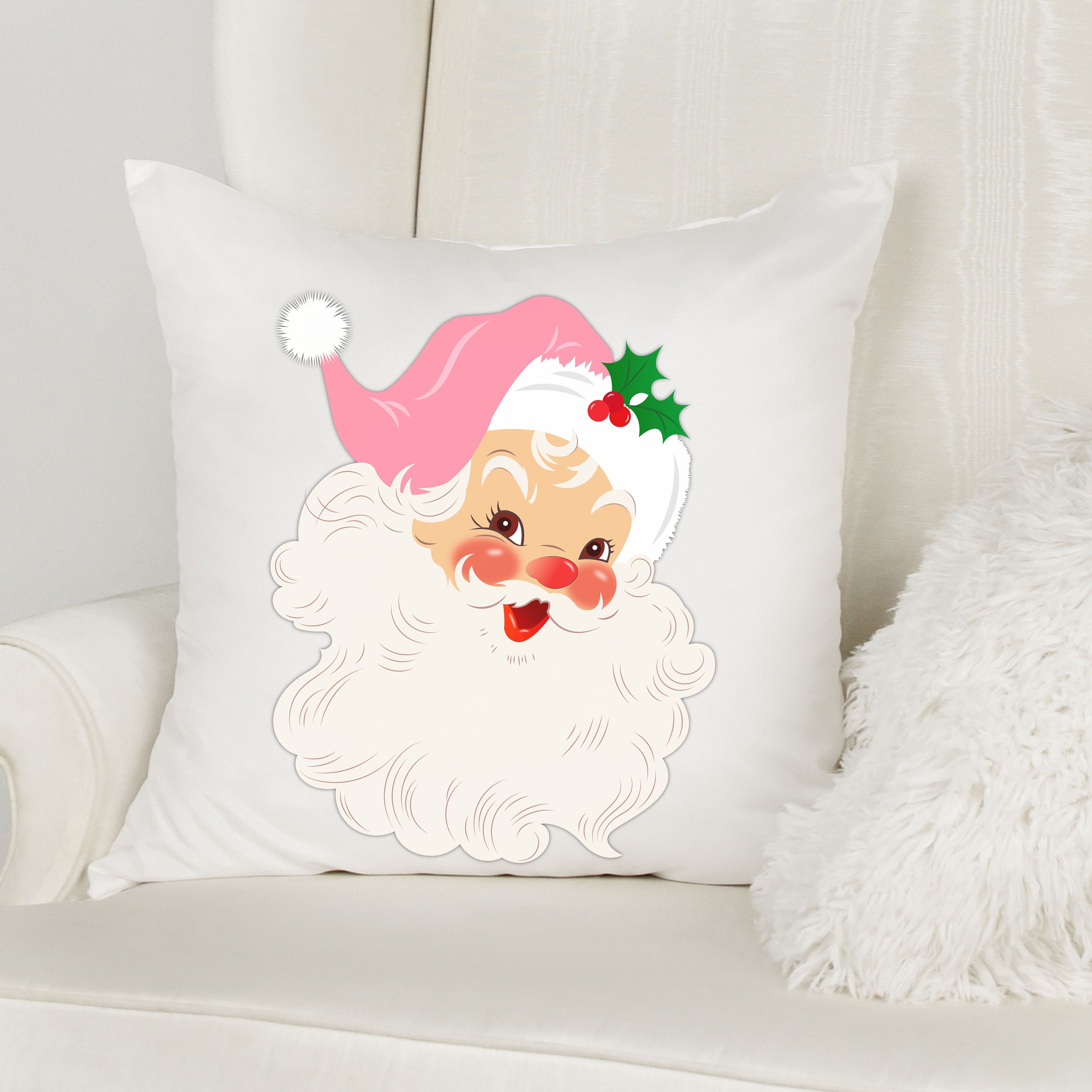 Retro Santa Pillow Cover, Vintage Santa Pillow, Pink Santa Pillow, Pink ...