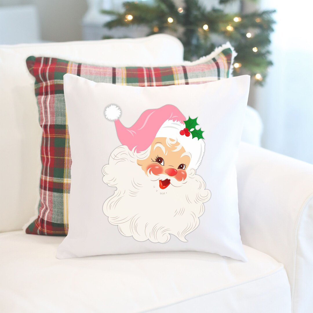 Retro Santa Pillow Cover, Vintage Santa Pillow, Pink Santa Pillow, Pink ...