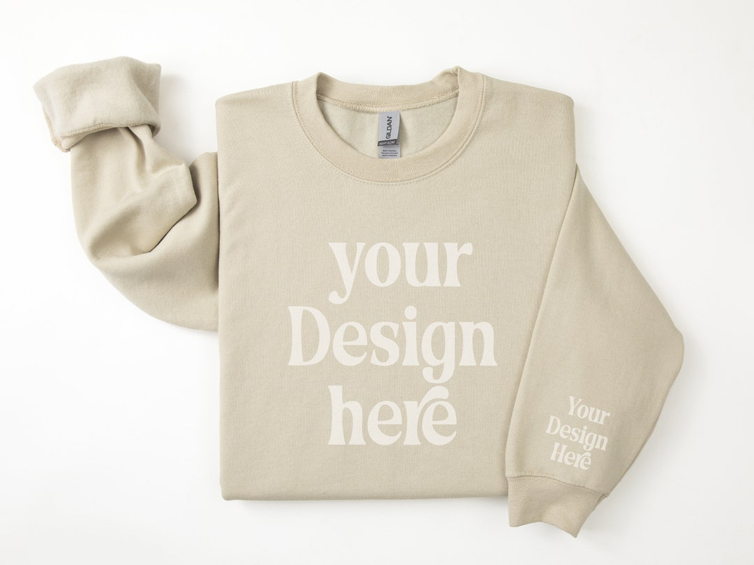 Gildan 18000 Sand Sleeve Sweatshirt Mockup, Sand Flat Lay Folded ...