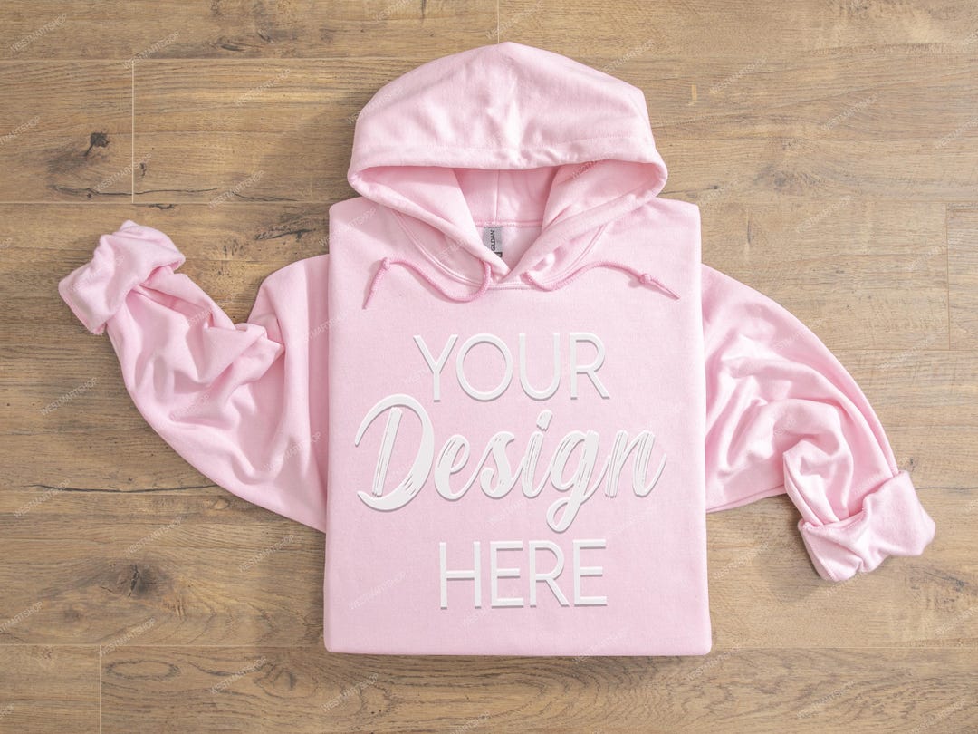Gildan 18500 Light Pink Folded Hoodie Sweatshirt on Wood Floor, Gildan ...