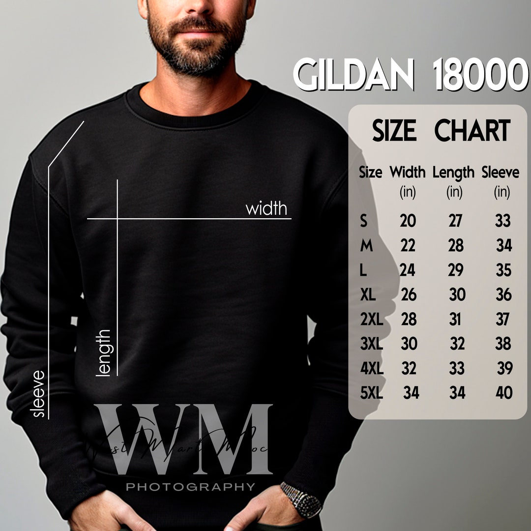 Gildan 18000 Size Chart Mockup, Size Chart Man Black Gildan, Crewneck ...
