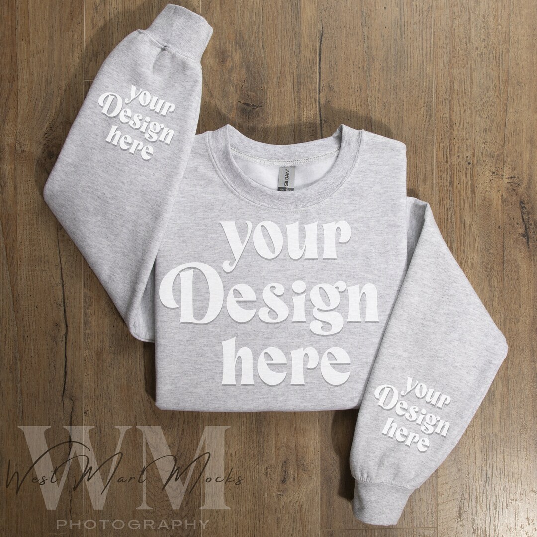Gildan 18000 Sleeve Ash Sweatshirt Mockup, Ash Grey Clean Flat Lay ...