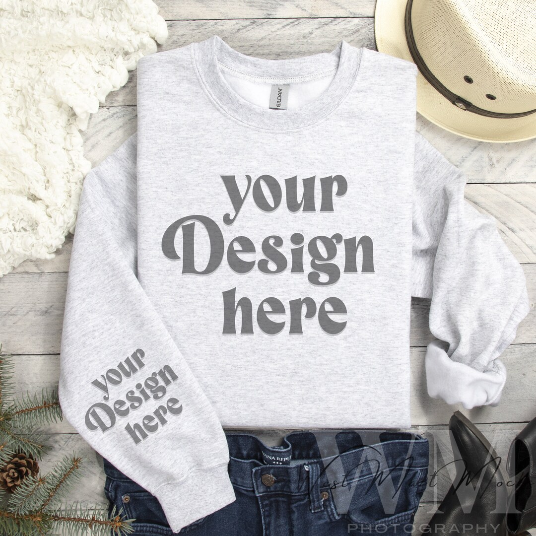 Gildan 18000 Sleeve Ash Sweatshirt Mockup, Ash Grey Clean Flat Lay ...