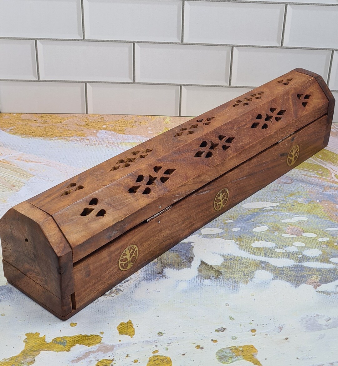 Hand Carved Wood Incense Burner Ash Box With Tree of Life Incense ...