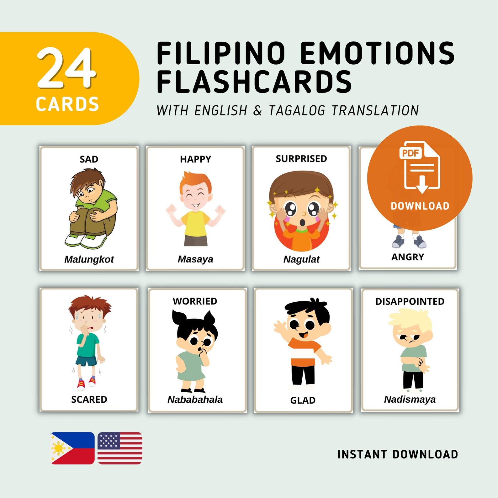 Filipino Emotions Flashcards (24 Cards) With English Translation ...