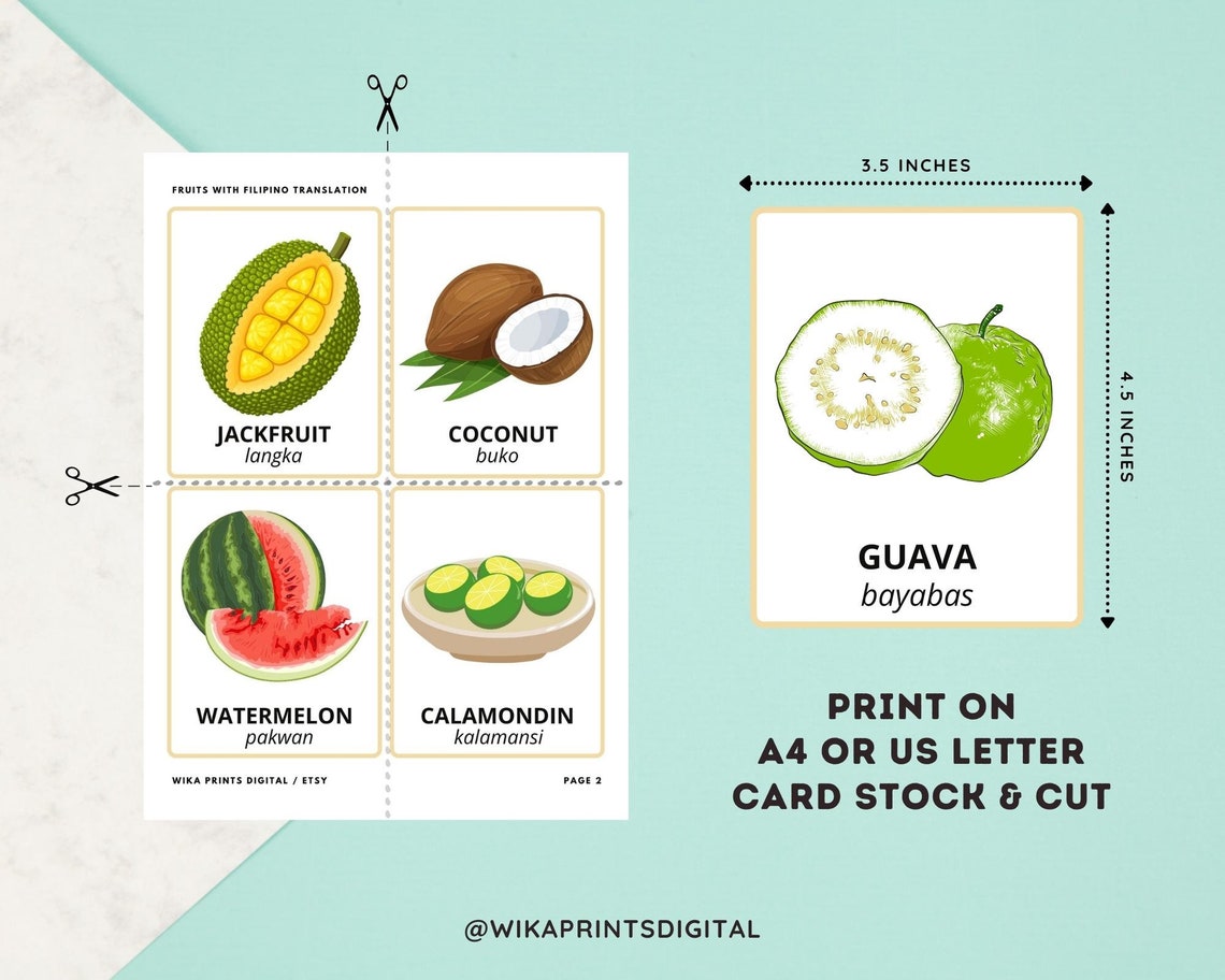 Fruits (prutas) Flashcards W/ English & Filipino Translation (34 Cards ...