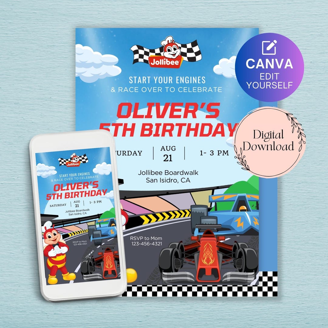 Editable Jollibee Jolli Race Birthday Invitation | Personalized ...