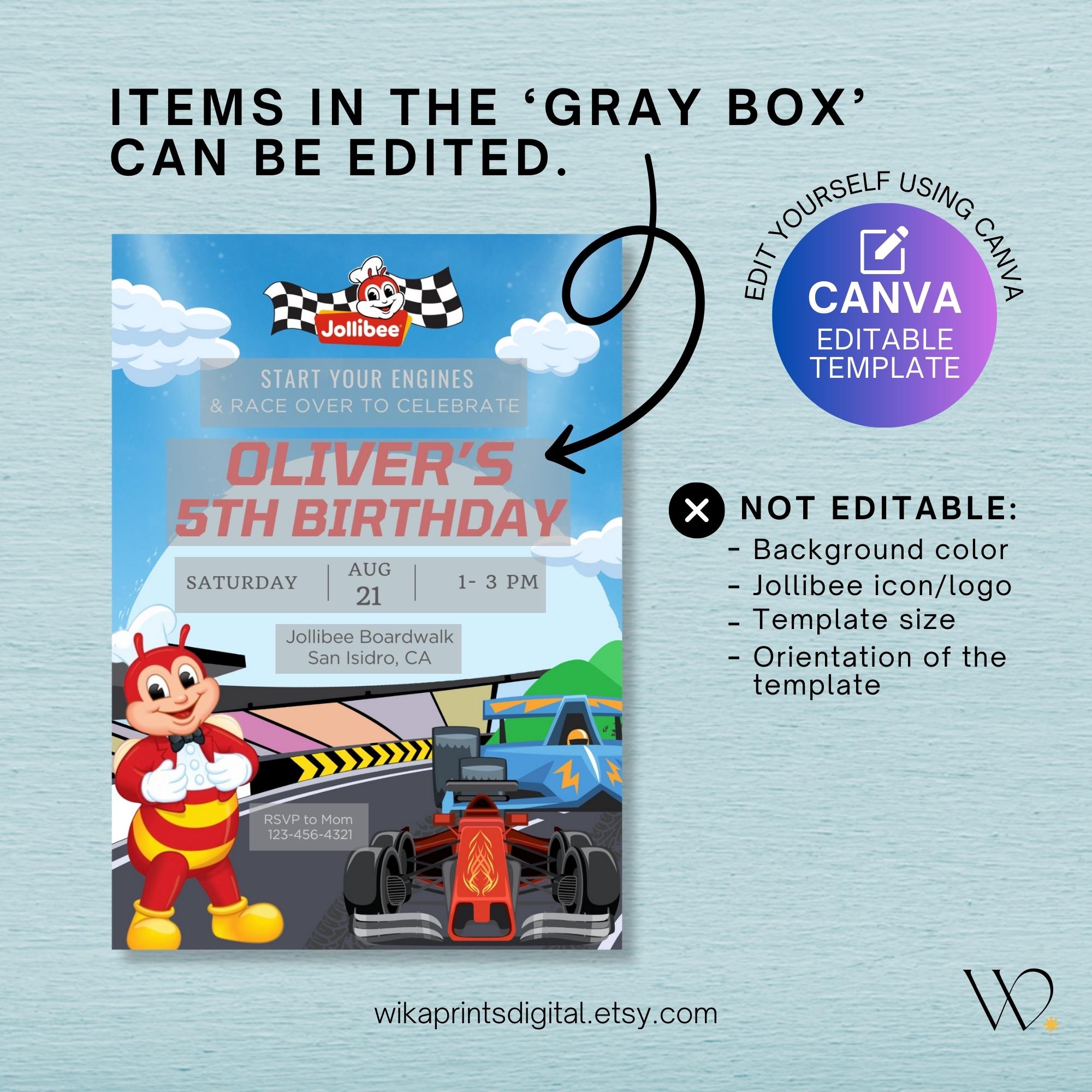Editable Jollibee Jolli Race Birthday Invitation | Personalized ...