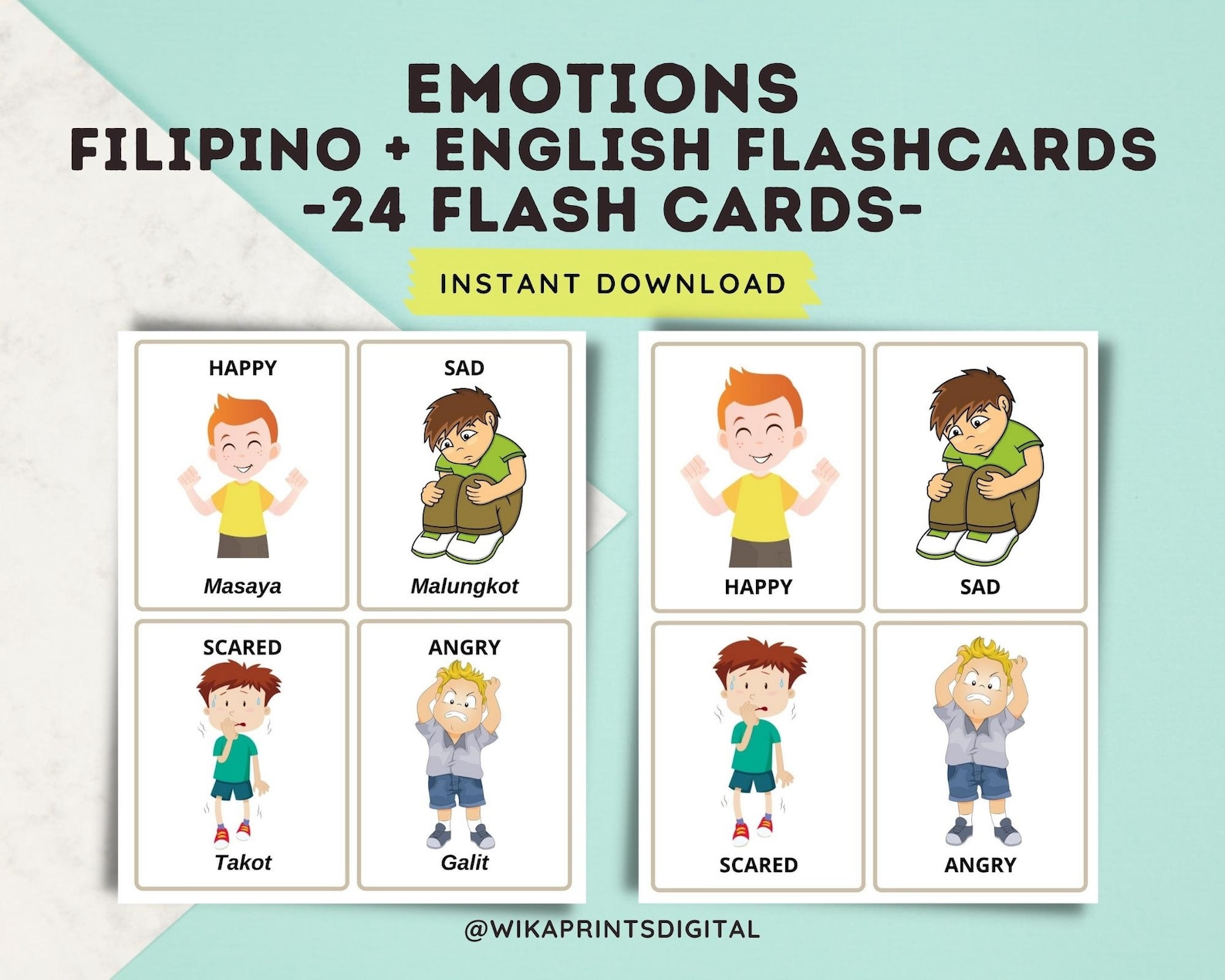 Emotions Flashcards (24 Cards) Filipino and English Translation ...
