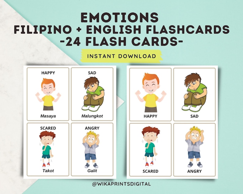 Emotions Flashcards (24 Cards) Filipino and English Translation ...