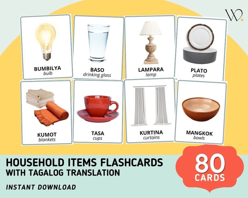 Household Items (80 Cards) Flashcards - With Tagalog Translation - Printable Filipino Flashcards ...