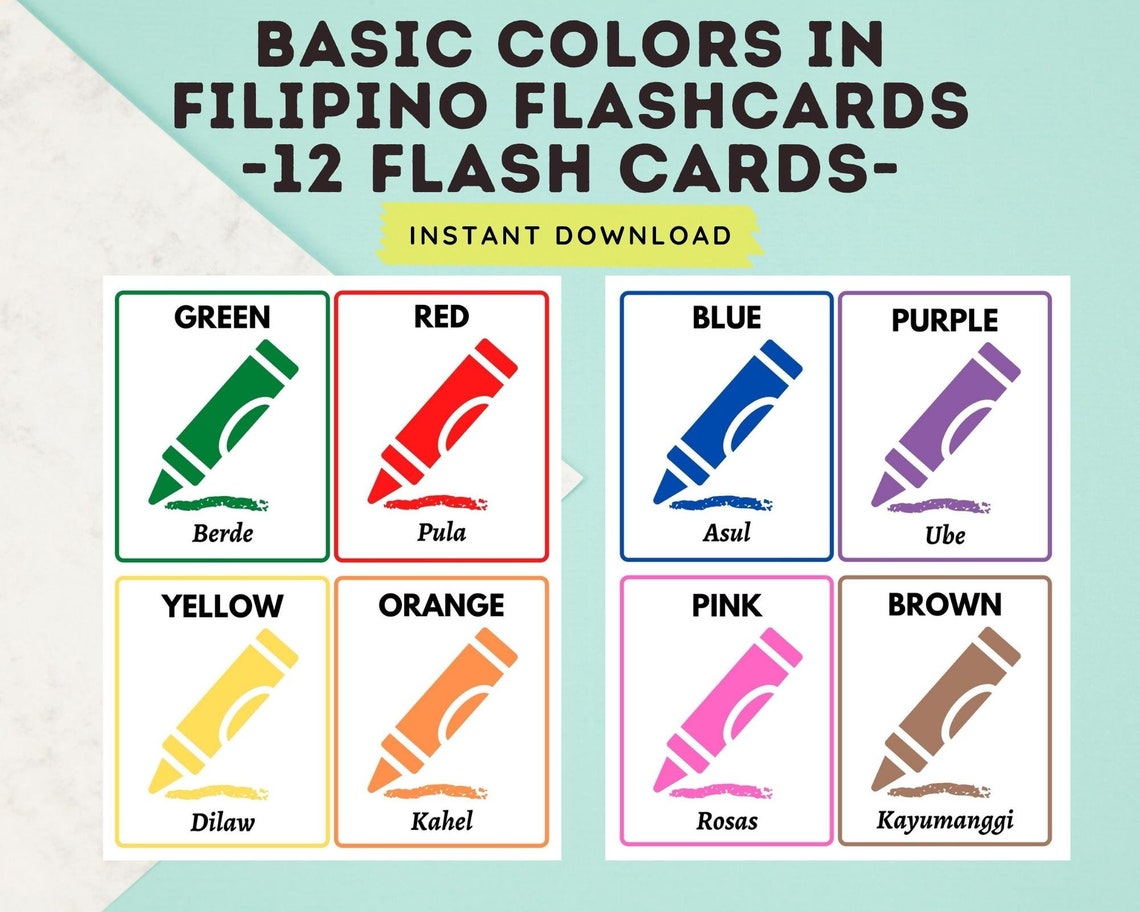 Filipino Colors (12 Cards) Flashcard Printable, Tagalog Colors ...