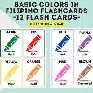 Filipino Colors (12 Cards) Flashcard Printable, Tagalog Colors ...