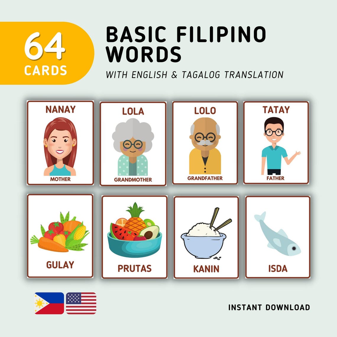 Basic Filipino Words (64 Cards) Flashcards - Tagalog Flashcards With ...