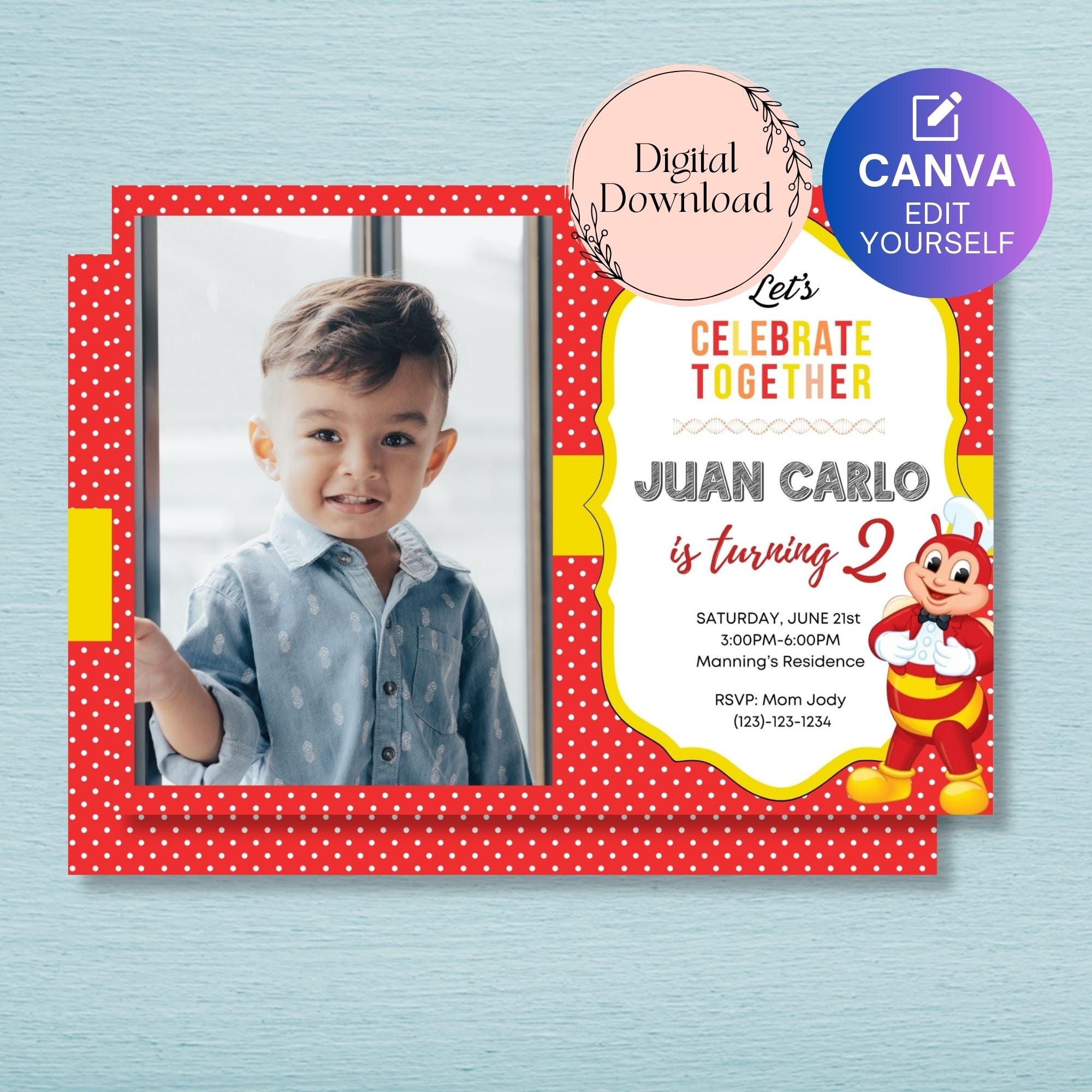 Jollibee Birthday Party With Photo Editable Jolly Kids Invitation ...