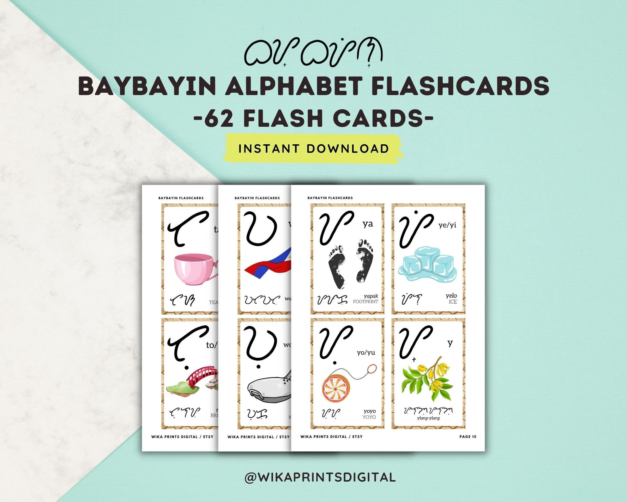 Baybayin Alphabet (62 Cards) Flashcards, Filipino Alphabet Printables ...