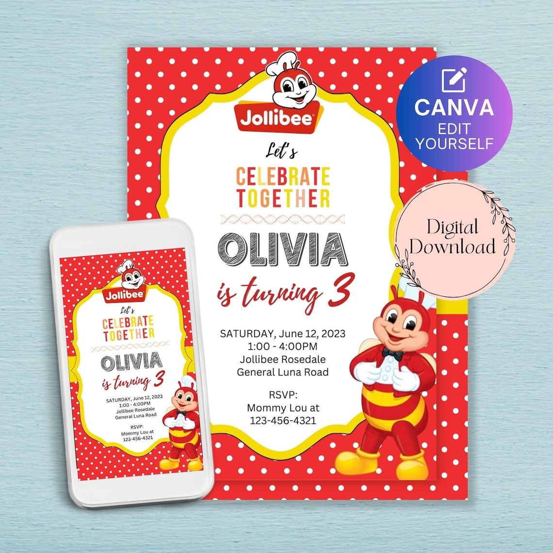 Editable Jollibee Birthday Invitation | Personalized Jollibee Birthday ...