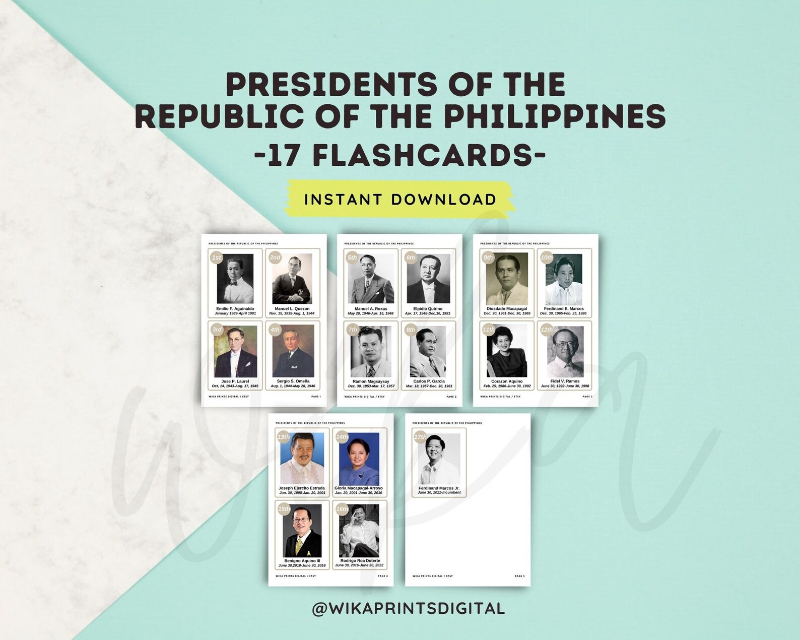 Republic of the Philippines Presidents (17 Cards) Flashcards - Filipino ...