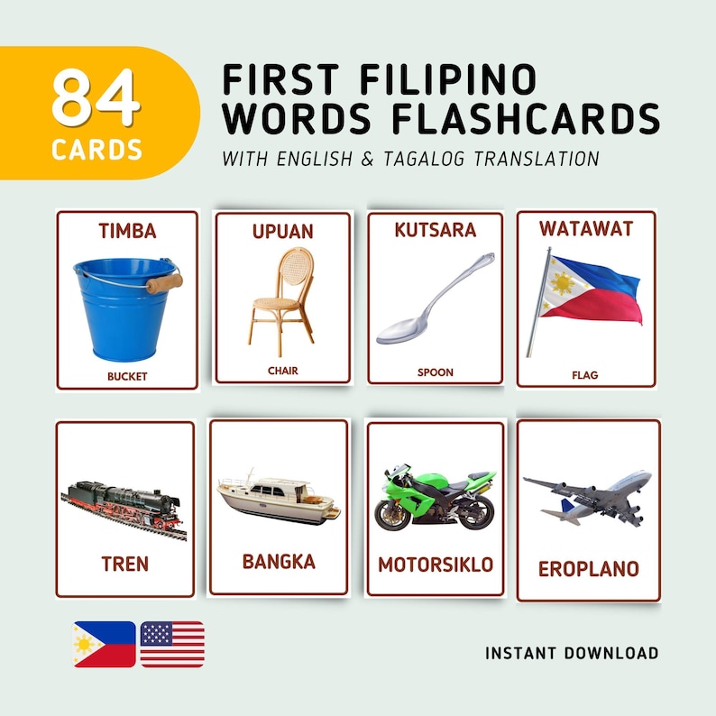 First Filipino Words (84 Cards) Flashcards - Tagalog Flashcards With ...