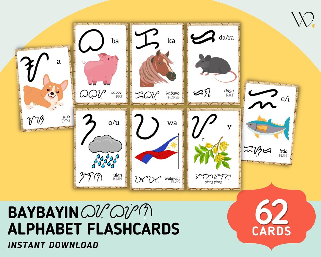 Baybayin Alphabet (62 Cards) Flashcards, Filipino Alphabet Printables ...
