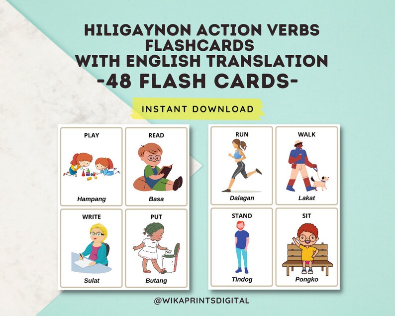 Hiligaynon Action Verbs Flashcards (48 Cards) With English Translation ...